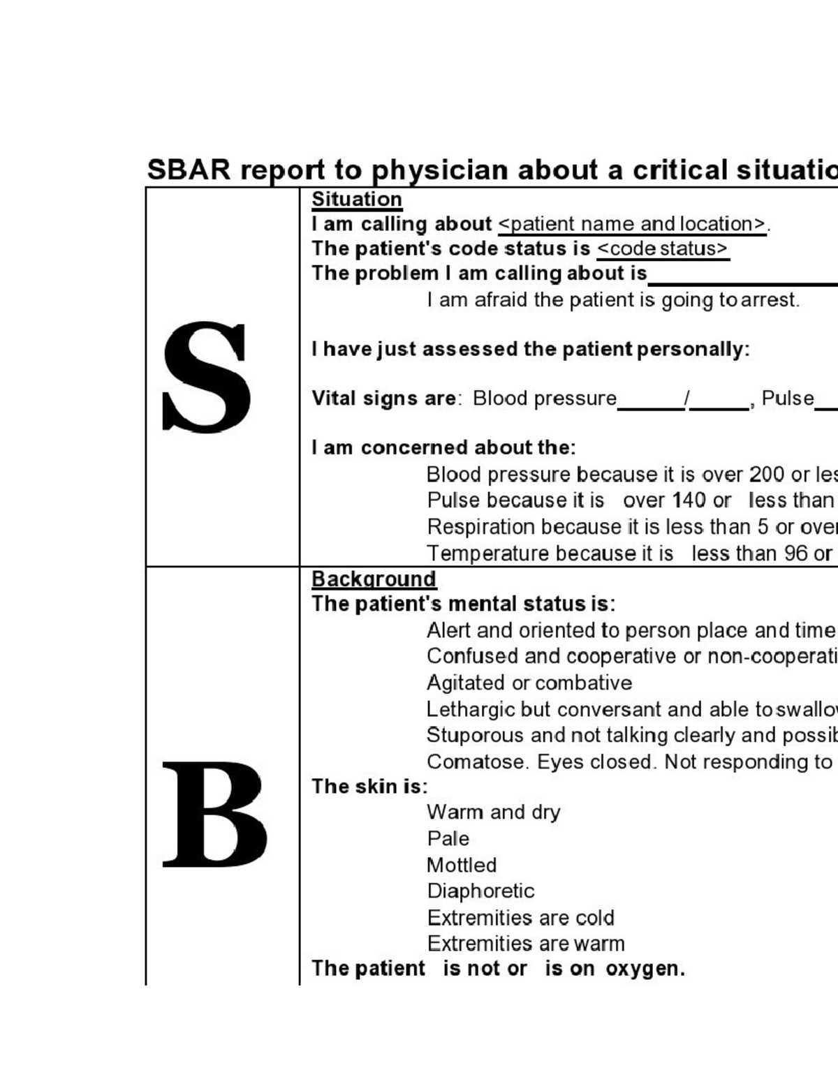 SBAR 1106 - SBAR TEMP - RNSG 2539 - Studocu