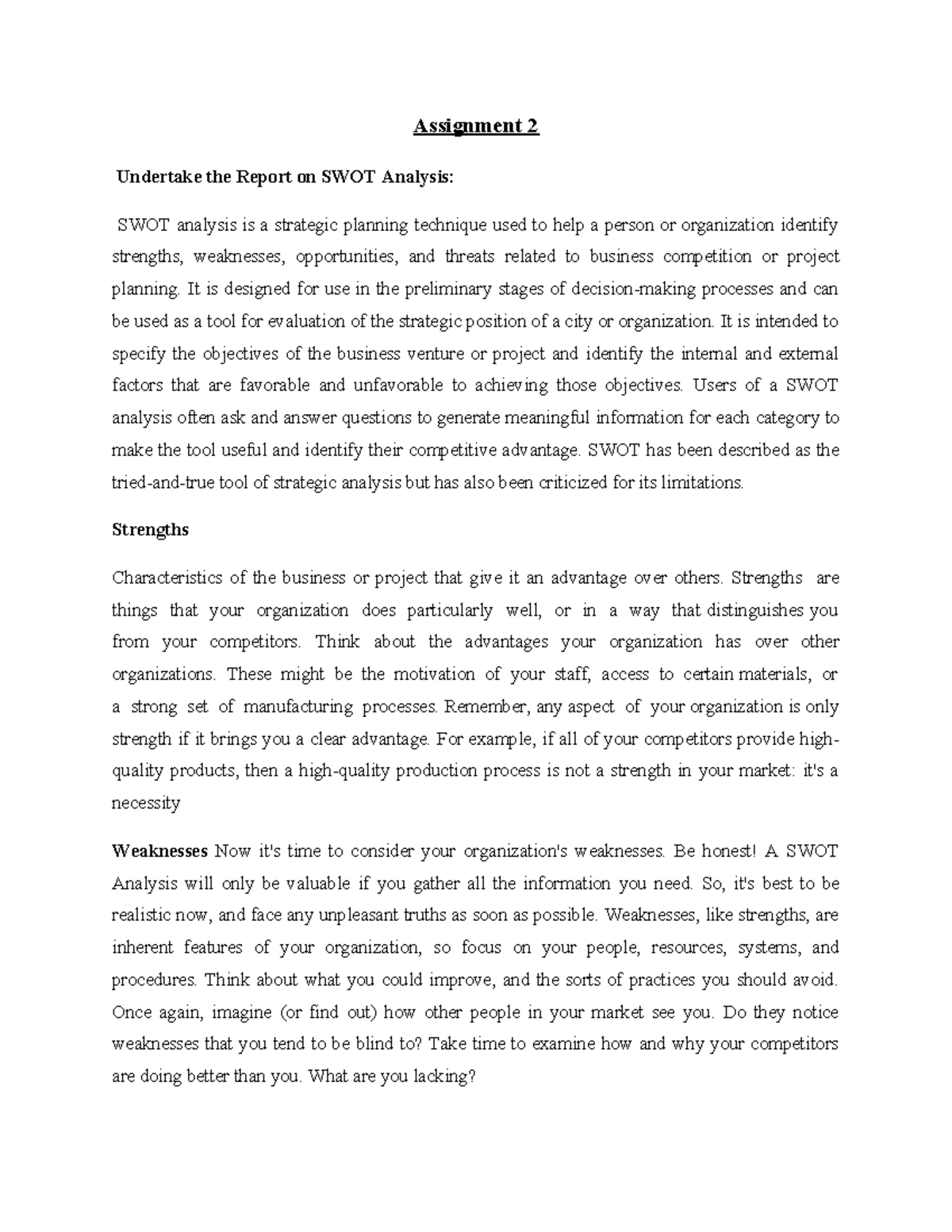 Assignment 2 Undertake SWOT Analysis - Assignment 2 Undertake the ...