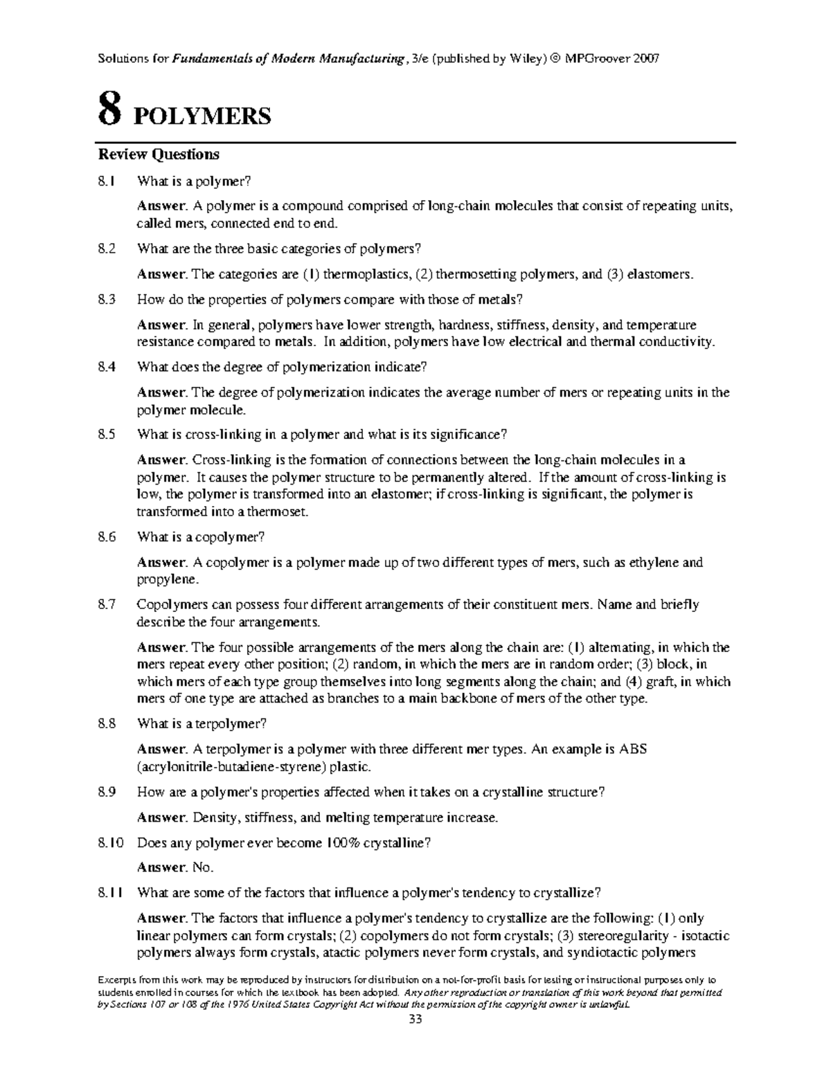 Ch08 - dcdssd - 8 POLYMERS Review Questions 8 What is a polymer? Answer ...
