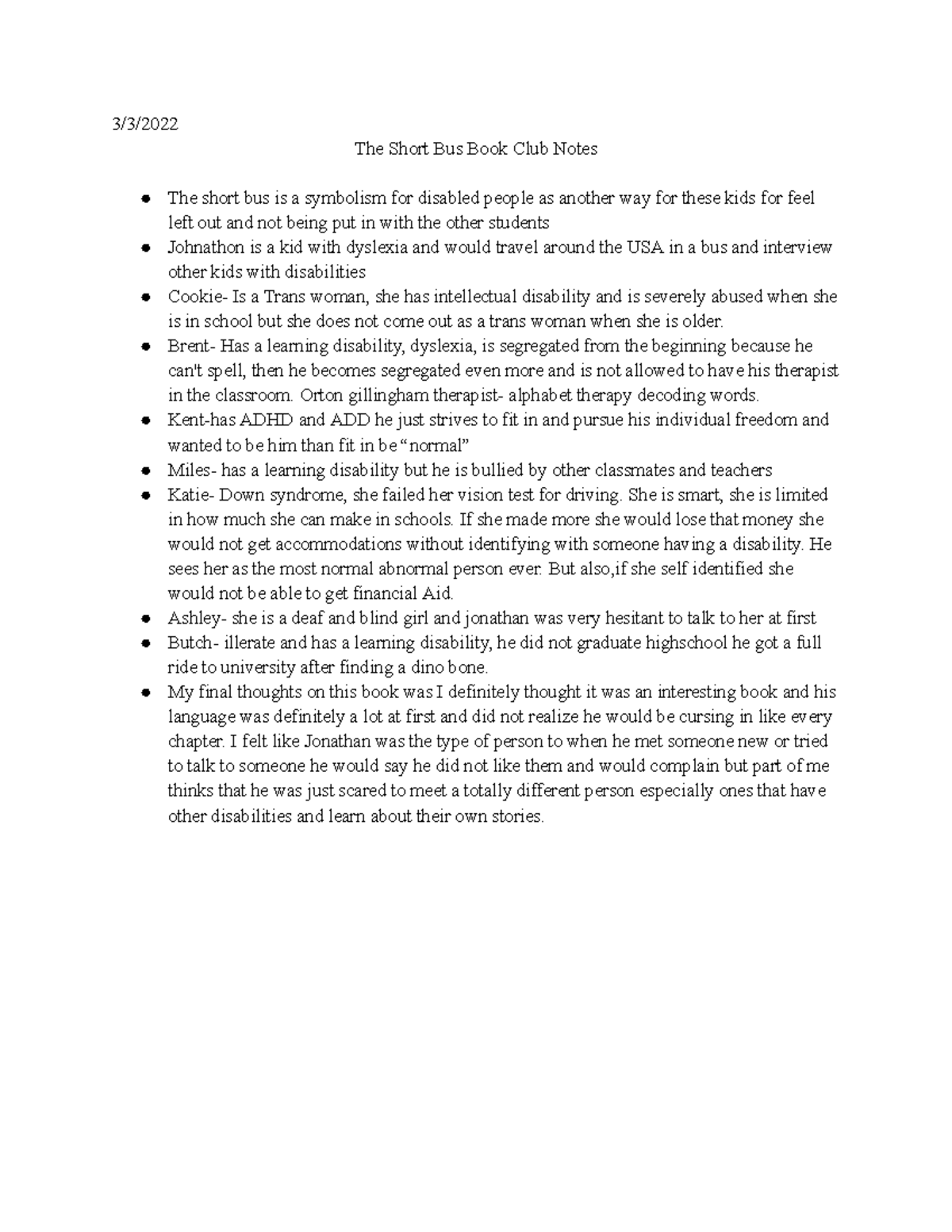 Book Club Notes - 3/3/ The Short Bus Book Club Notes The short bus is a ...