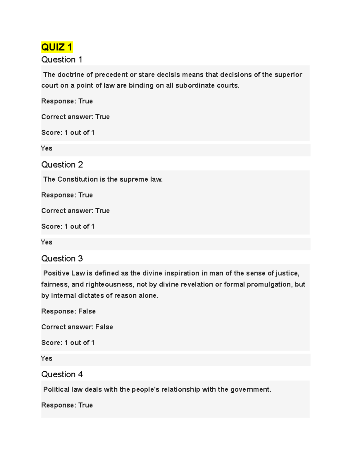 Law reviewer - QUIZ 1 Question 1 The doctrine of precedent or stare ...