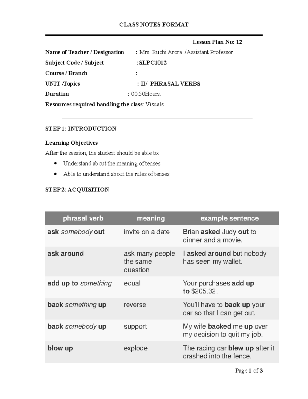 LP 12 Phrasal Verbs - Lecture notes notes lesson 12 - CLASS NOTES ...