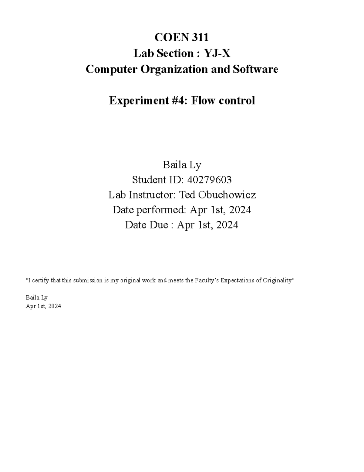 COEN 311 Lab4 - lab - COEN 311 Lab Section : YJ-X Computer Organization and Software Experiment ...