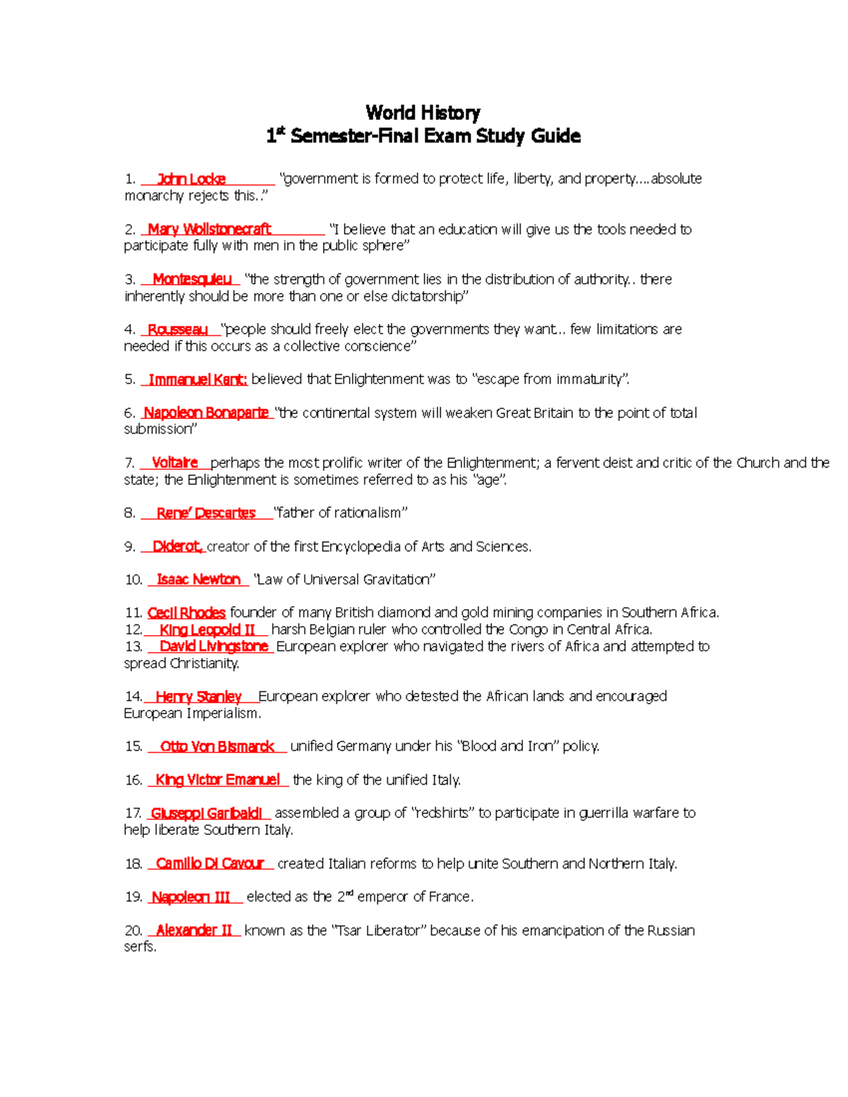 1st Semester Exam (Study Guide) - World History 1 st Semester-Final ...