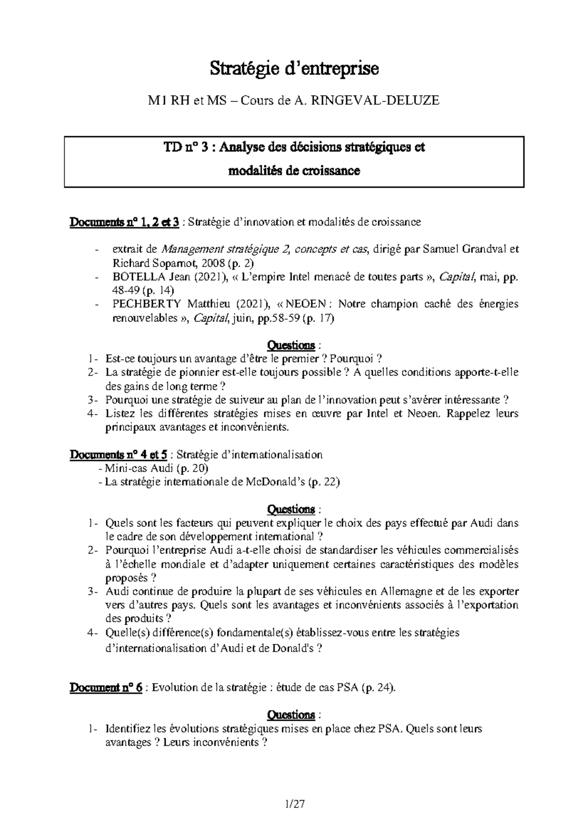 TD3 M1 MS RH Stratégie ARD - Stratégie d’entreprise M1 RH et MS – Cours ...