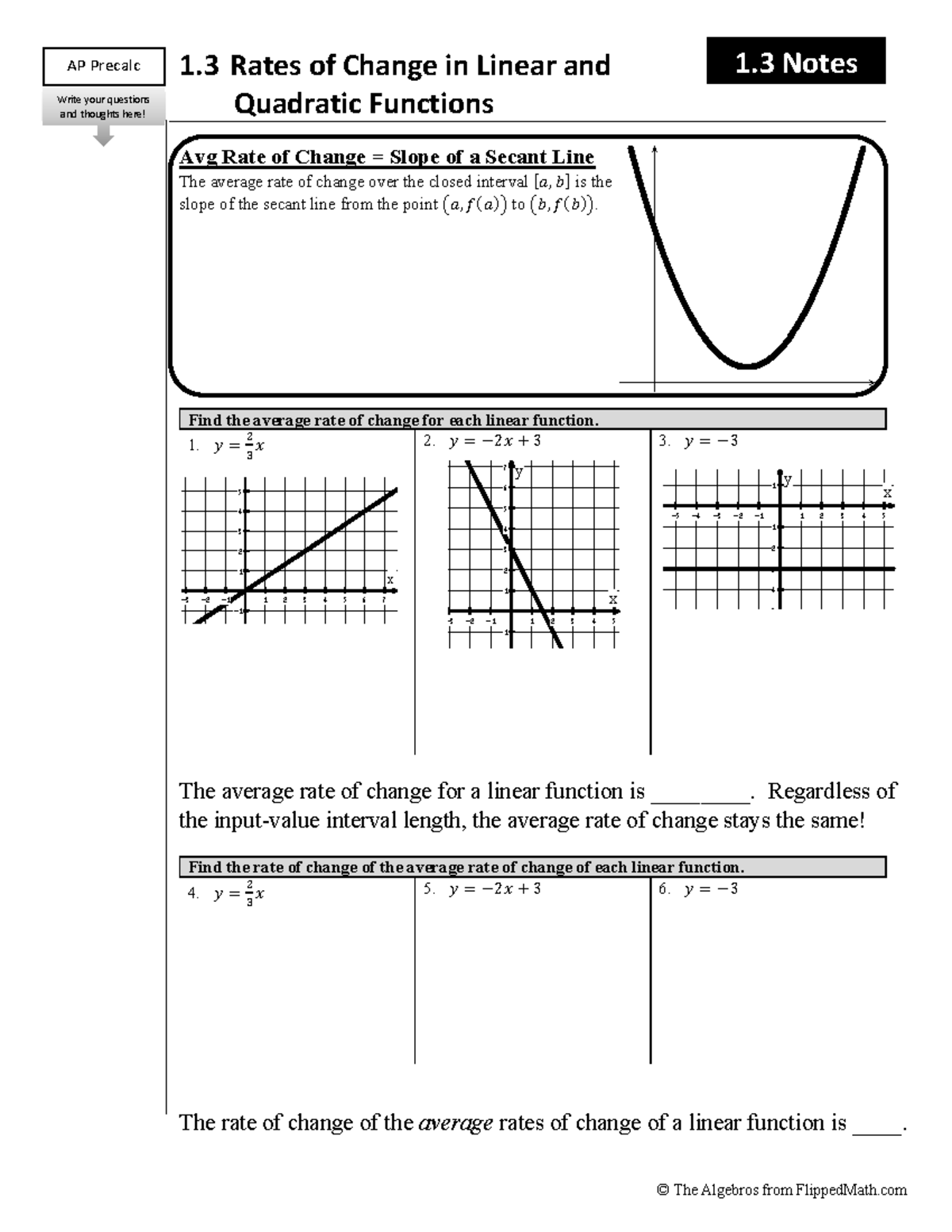 Unit+1-1 - Notes and Keys - Avg Rate of Change = Slope of a Secant Line ...