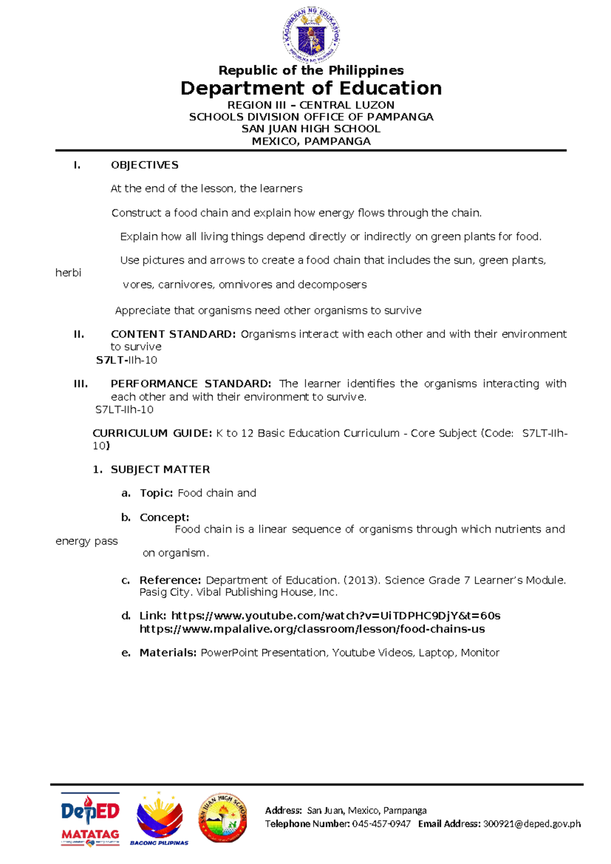 DLP COT2 .FOOD Chain AND FOOD WEB - Address: San Juan, Mexico, Pampanga ...