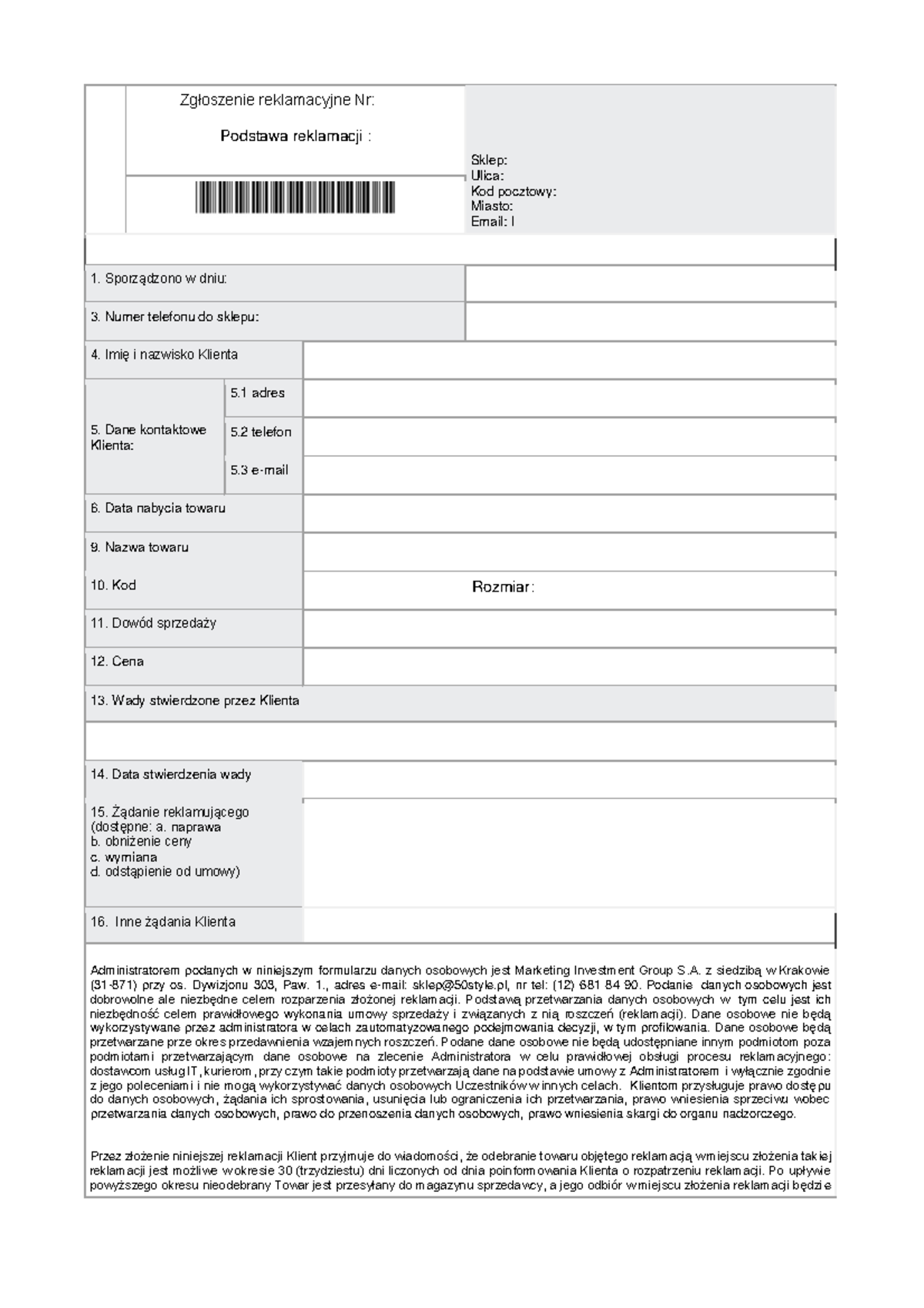 50style-druk-reklamacyjny 1 - Zgłoszenie reklamacyjne Nr: Podstawa reklamacji : Sklep: Ulica ...