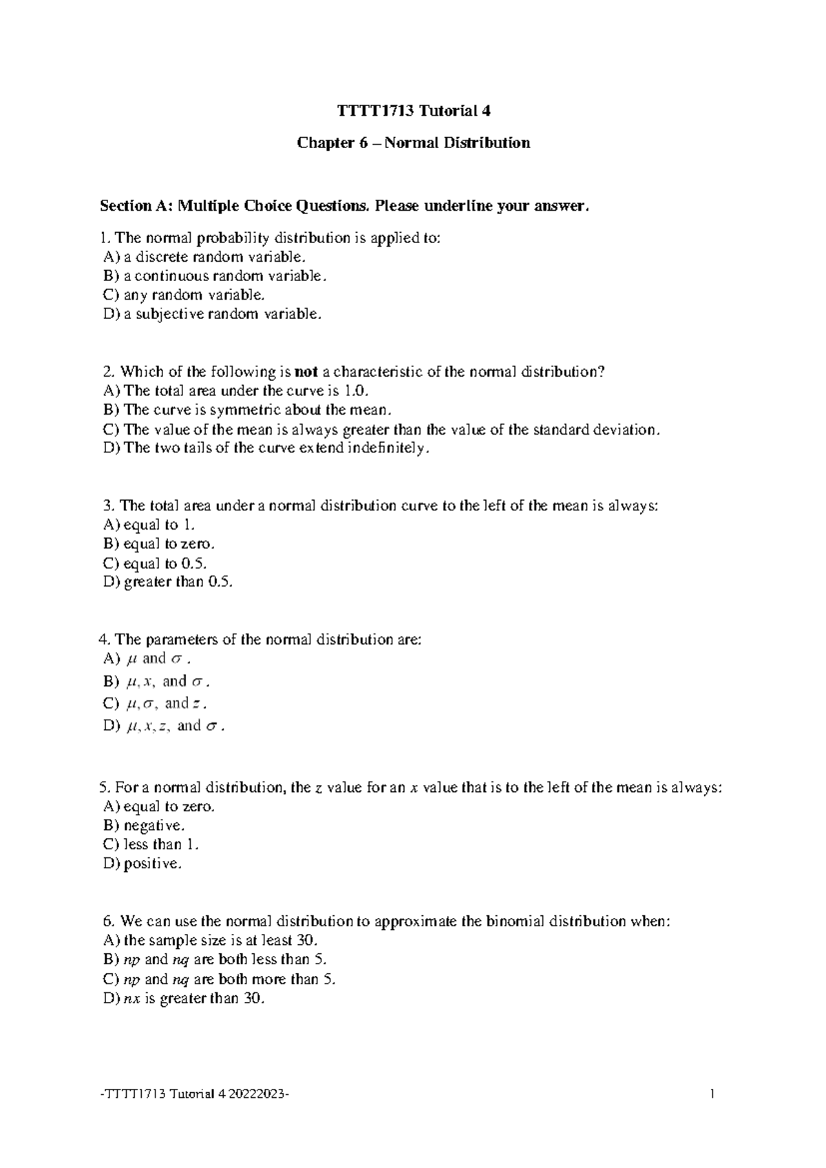 Tutorial 4 Normal Probability -TTTT1713 Tutorial 4 20222023- 1 TTTT1713 Tutorial 4 Chapter 6 ...