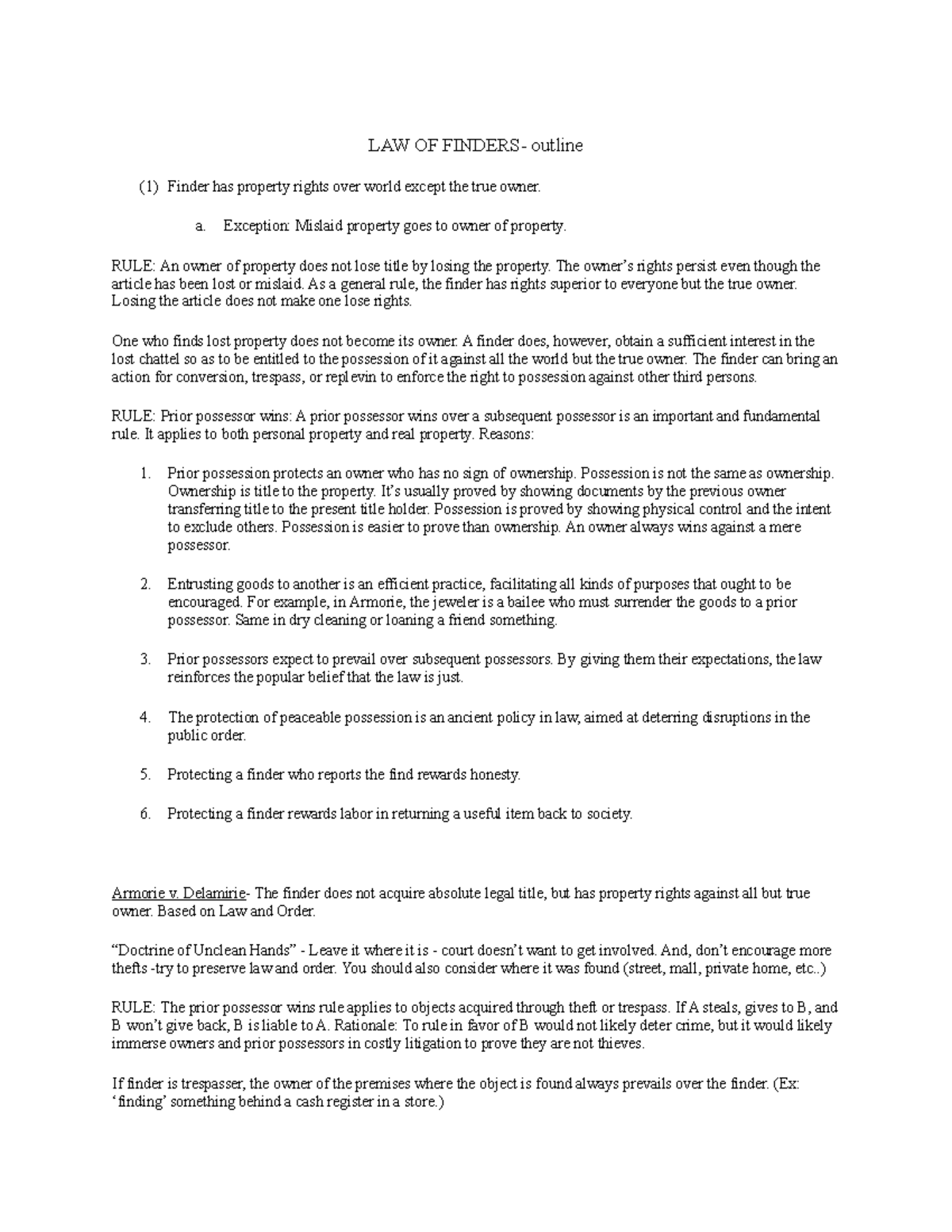 LAW OF Finders - OUTLINE - LAW OF FINDERS- outline (1) Finder has ...