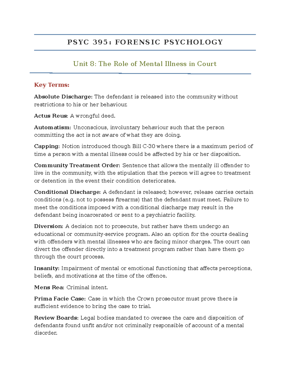 PSYC 395 - Unit 8 Notes - PSYC 395: FORENSIC PSYCHOLOGY Unit 8: The ...