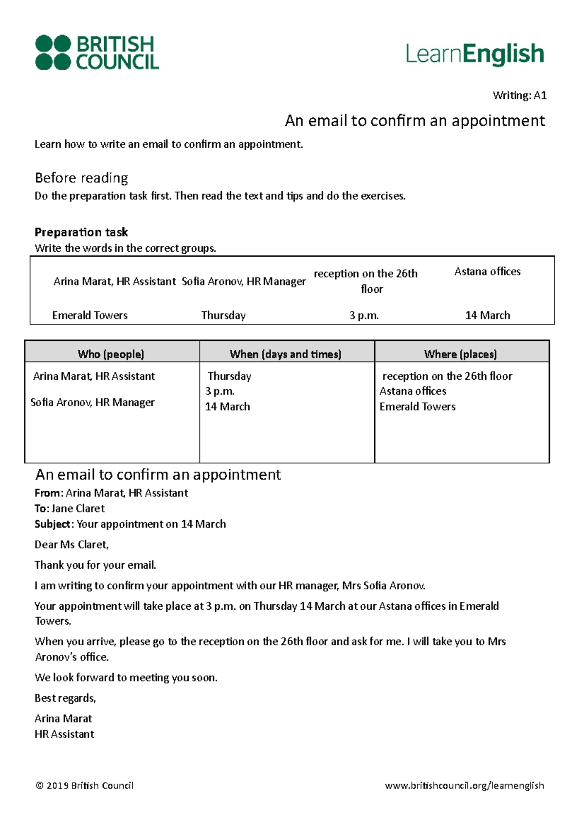 Learn English-Writing-A1-An-email-to-confirm-an-appointment Robin ...