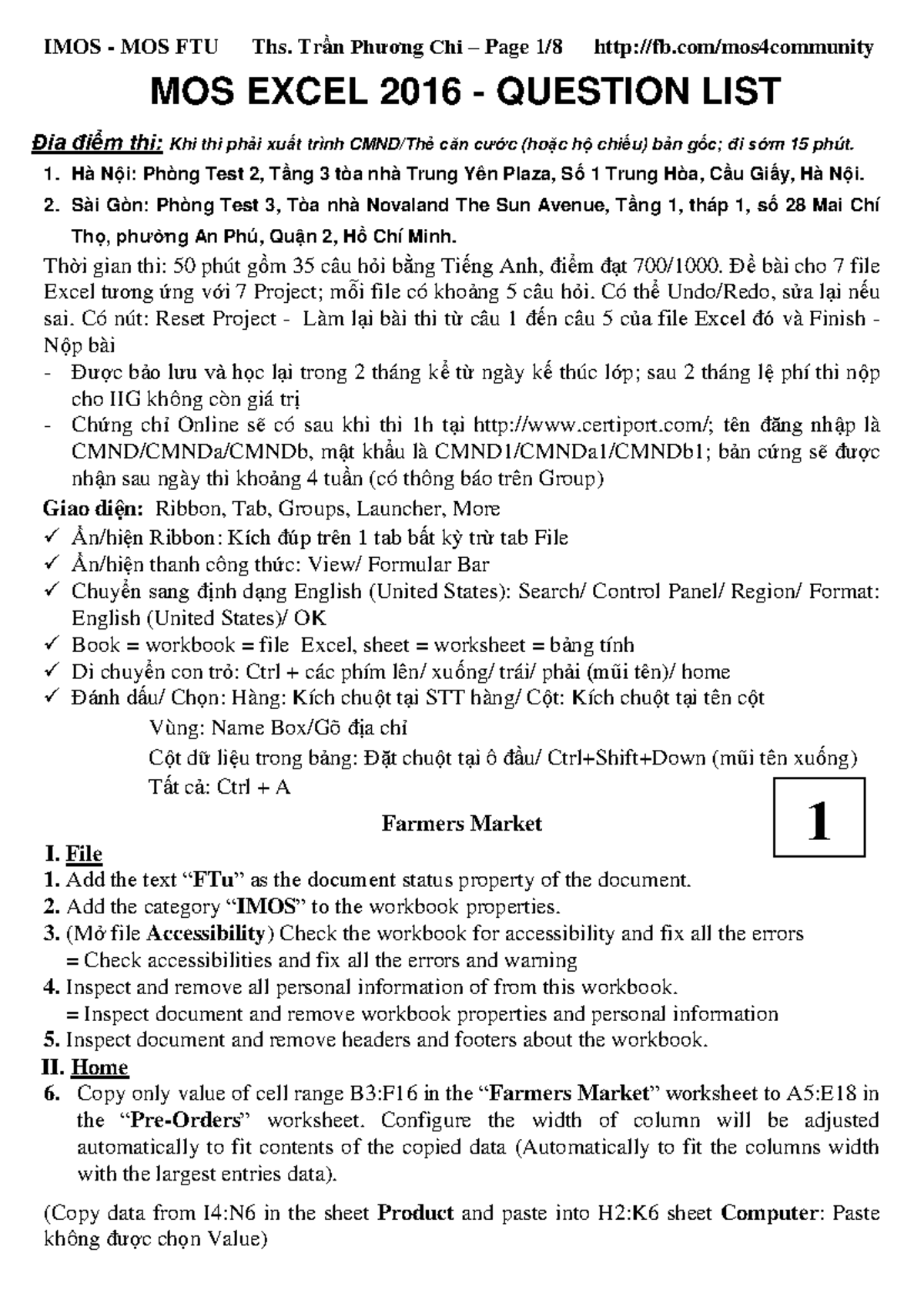 2022 Tổng hợp câu hỏi MOS Excel 2016 - MOS EXCEL 201 6 - QUESTION LIST Địa điểm thi: Khi thi ...