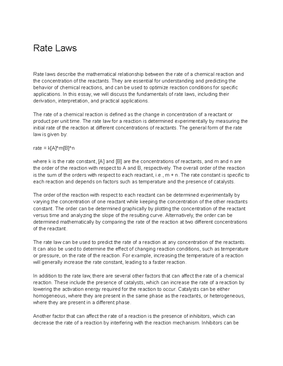 Exam 3 Material - Rate Laws Rate laws describe the mathematical ...