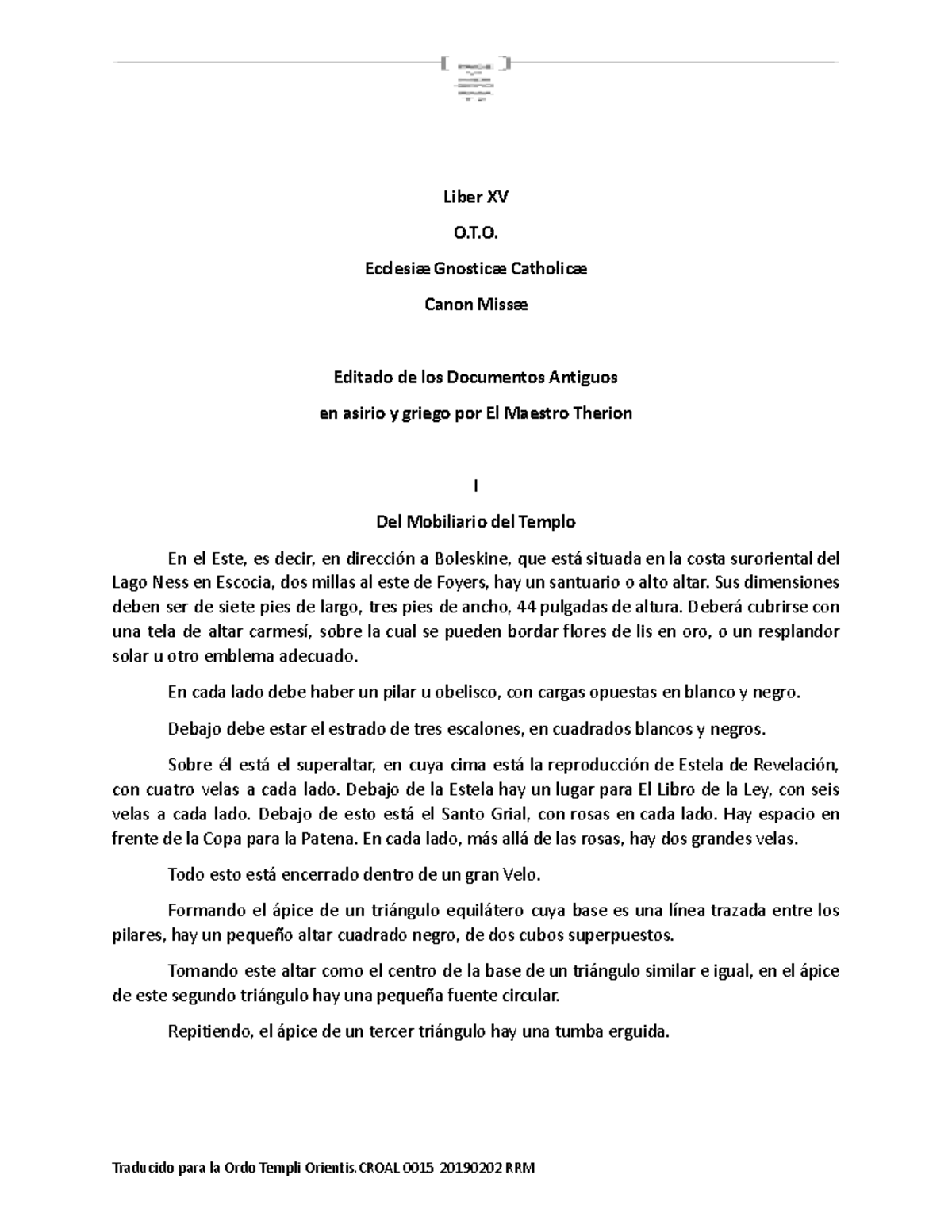 Lib. 015 Gnostic Mass es MX 2019 0202 - Liber XV O.T. Ecclesiæ Gnosticæ ...