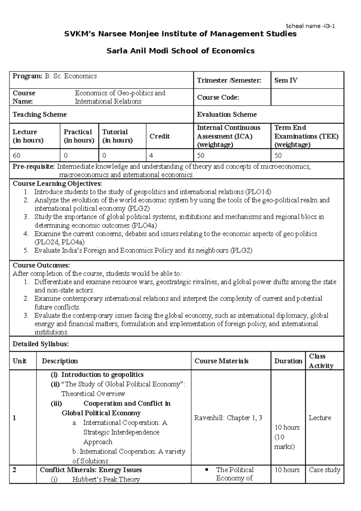 Course Outline Economics of Geopolitics and International Relations ...