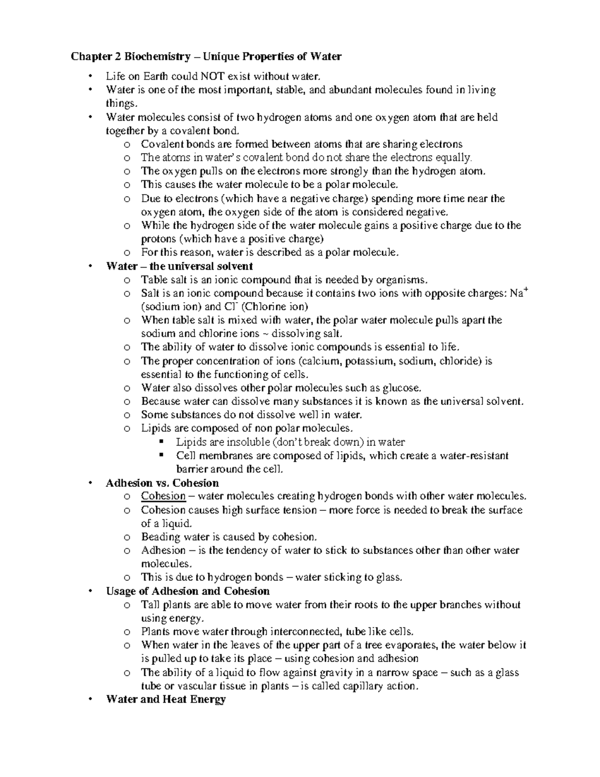Chapter 2 Workbook Notes Chapter 2 Biochemistry Unique Properties