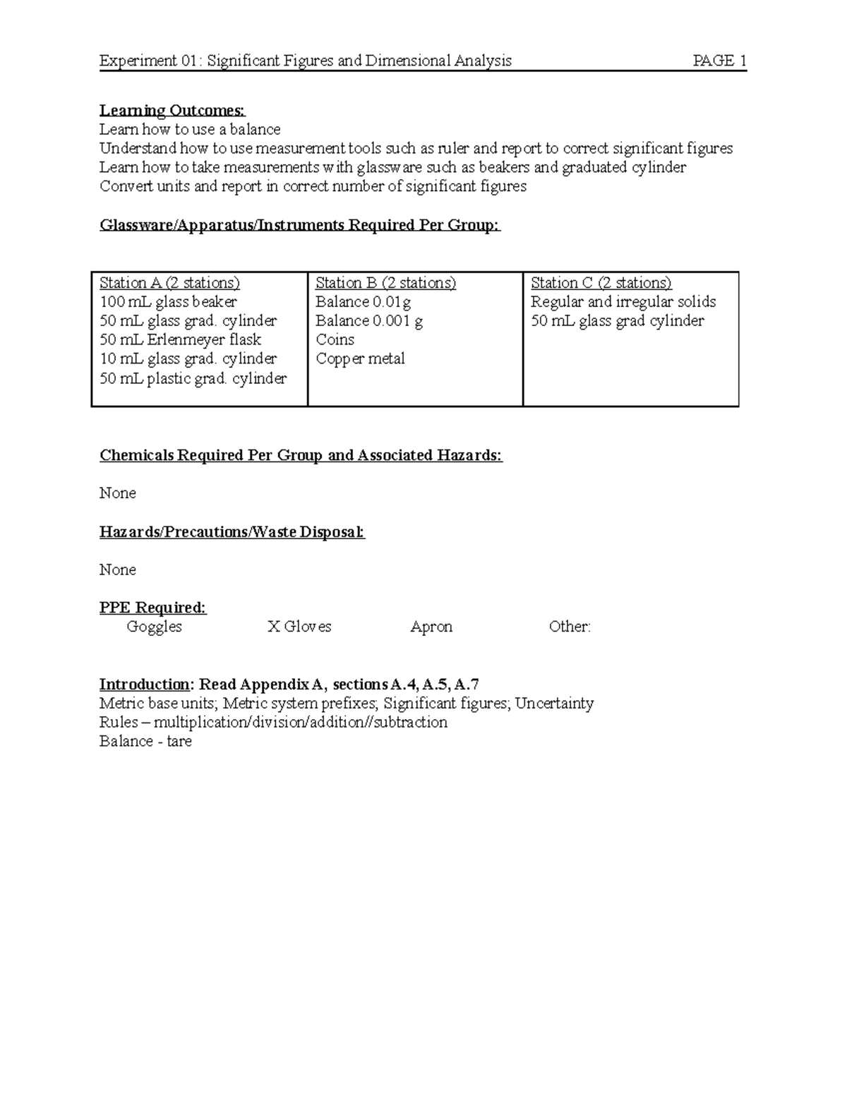 01 B Lab Sig Figs And Dimensional Analysis Experiment 01 Significant