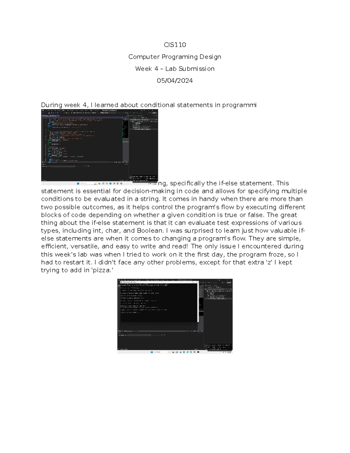 CIS110 week4 LAB wyman - The assignment. - CIS Computer Programing Design Week 4 – Lab ...