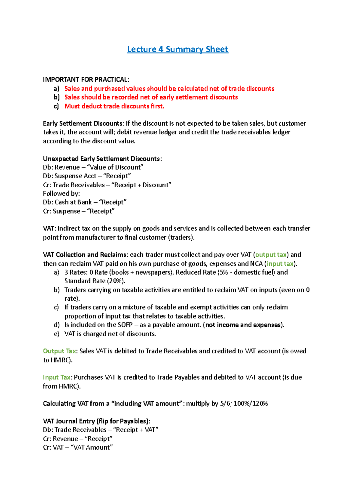 Lecture 4 Summary Sheet - Lecture 4 Summary Sheet IMPORTANT FOR ...