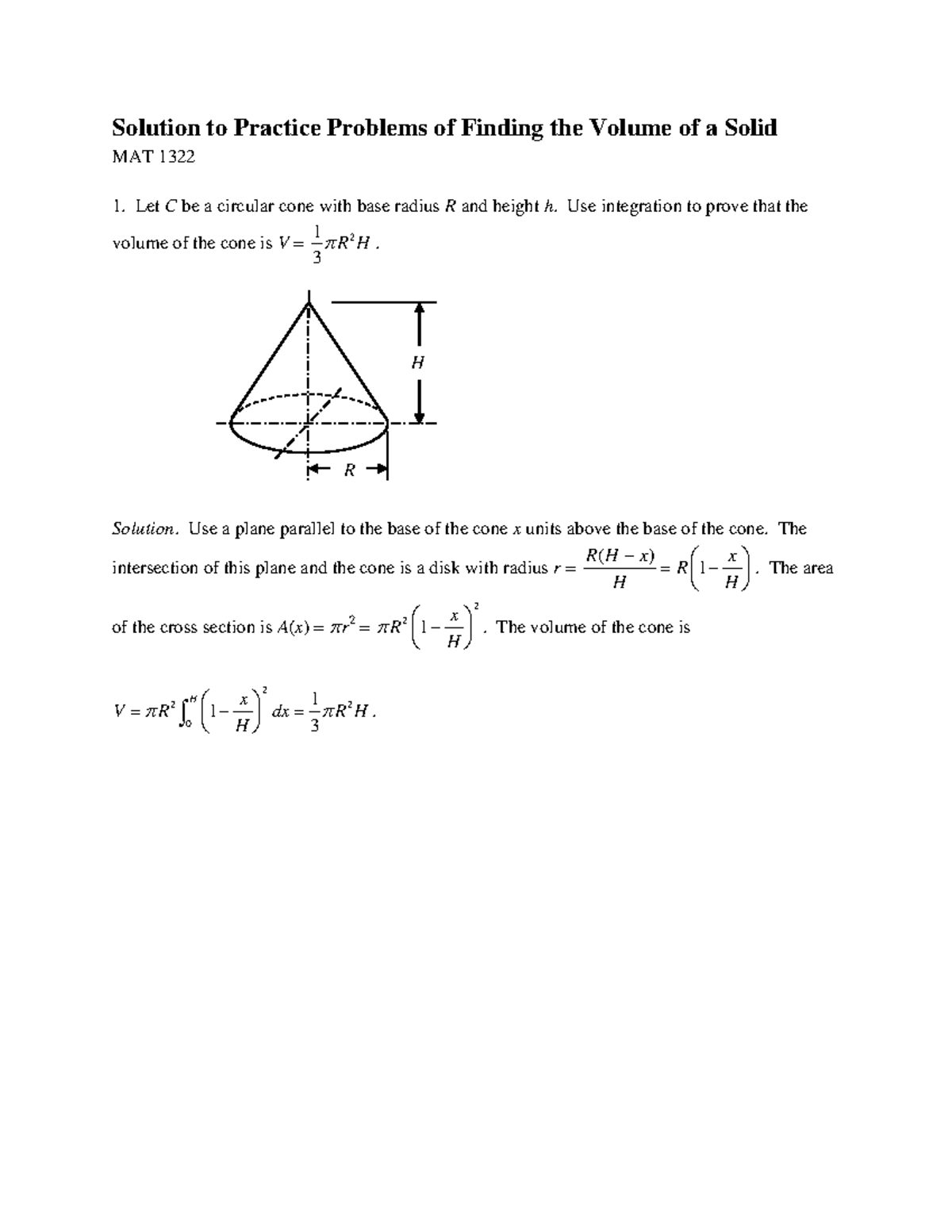 Solution to Finding Volumes - Solution to Practice Problems of Finding ...