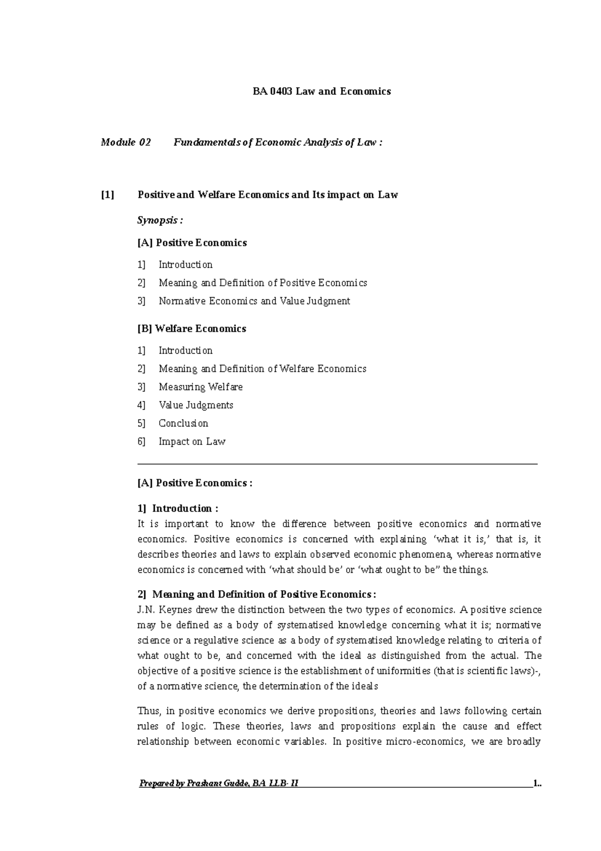 Law and Economics - Law student - BA 0403 Law and Economics Module 02 ...