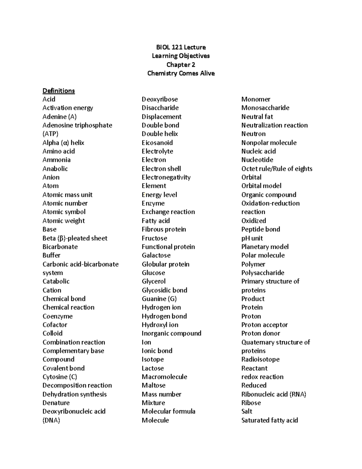 Chapter 2 - Learning Objectives - BIOL 121 Lecture Learning Objectives Chapter 2 Chemistry Comes ...