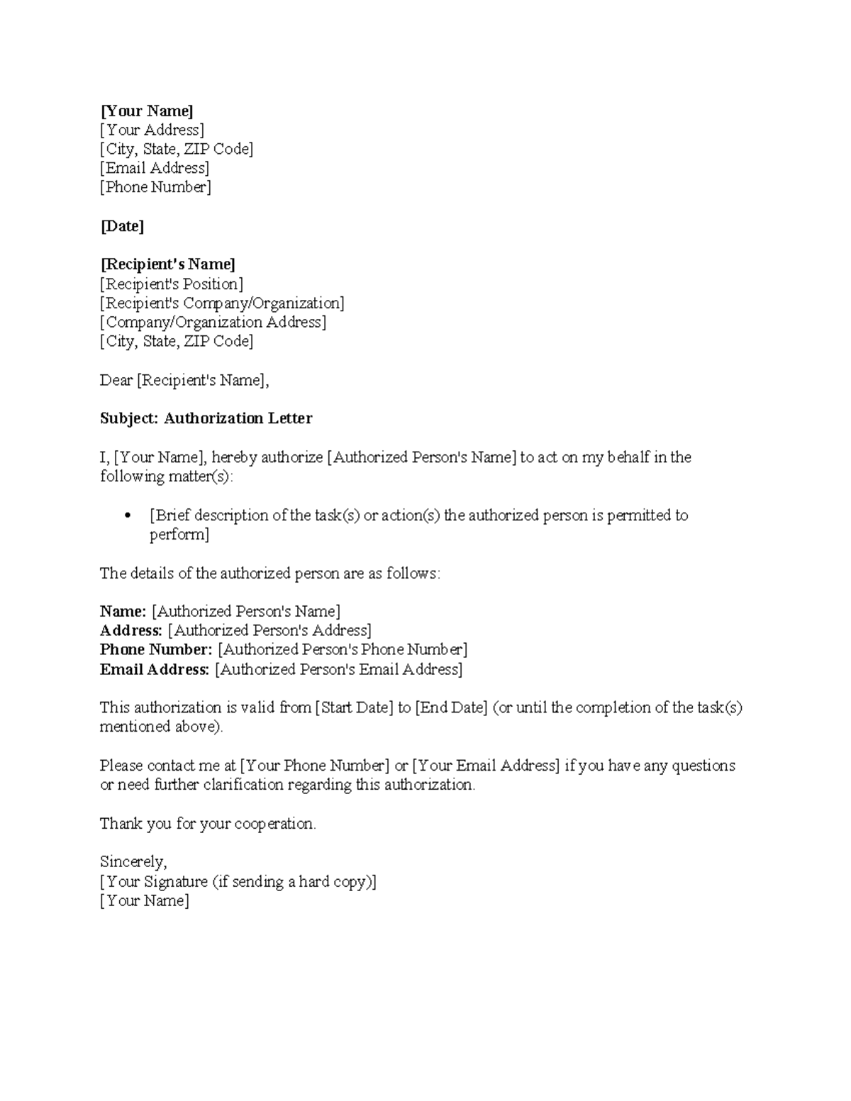 Authorization letter template - [Your Name] [Your Address] [City, State ...