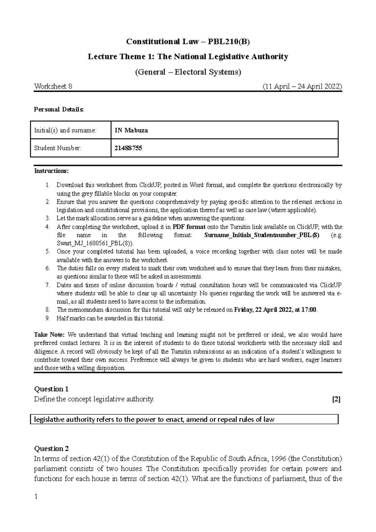 Pbl worksheet 1 - Practice materials - Constitutional Law – PBL210(B ...