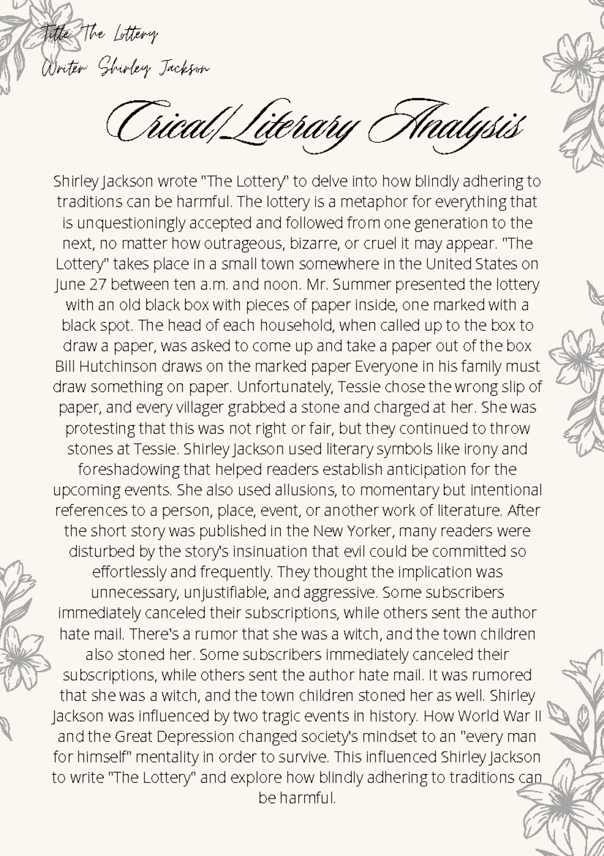 The lottery - literary analysis - Shirley Jackson wrote "The Lottery ...