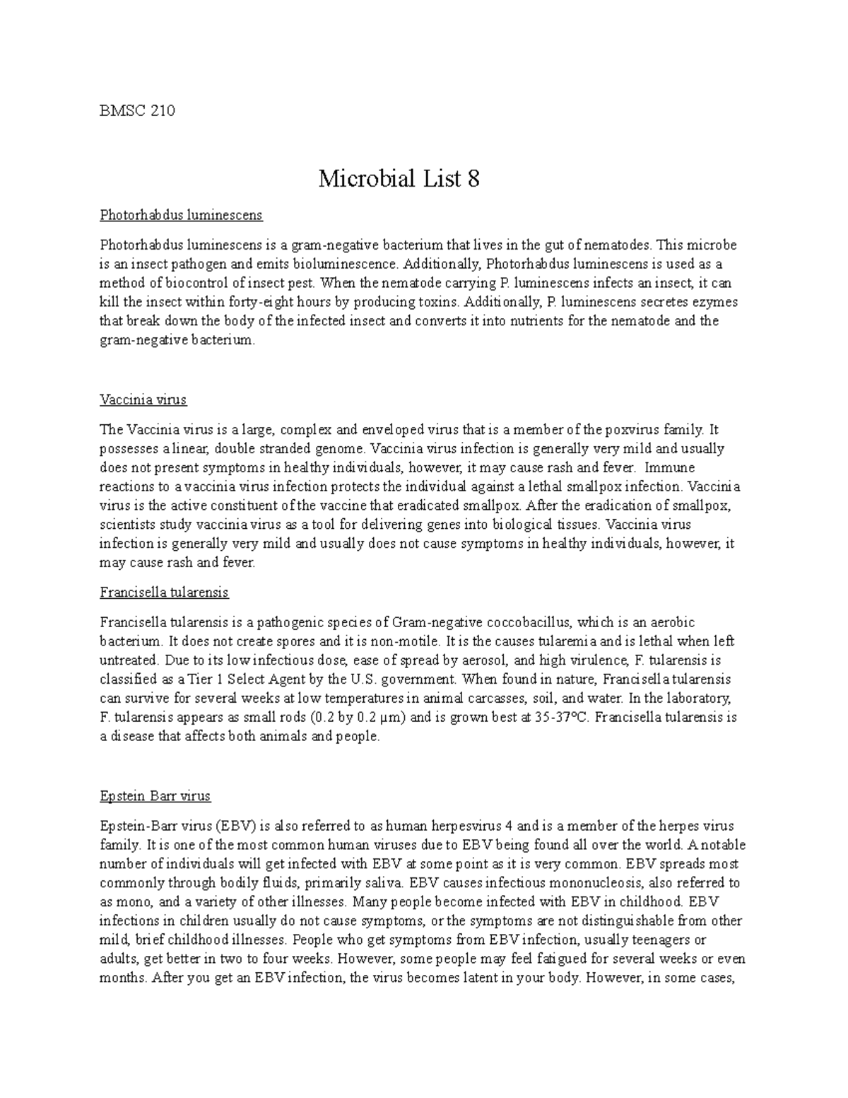 List 8 - assignment - BMSC 210 Microbial List 8 Photorhabdus ...