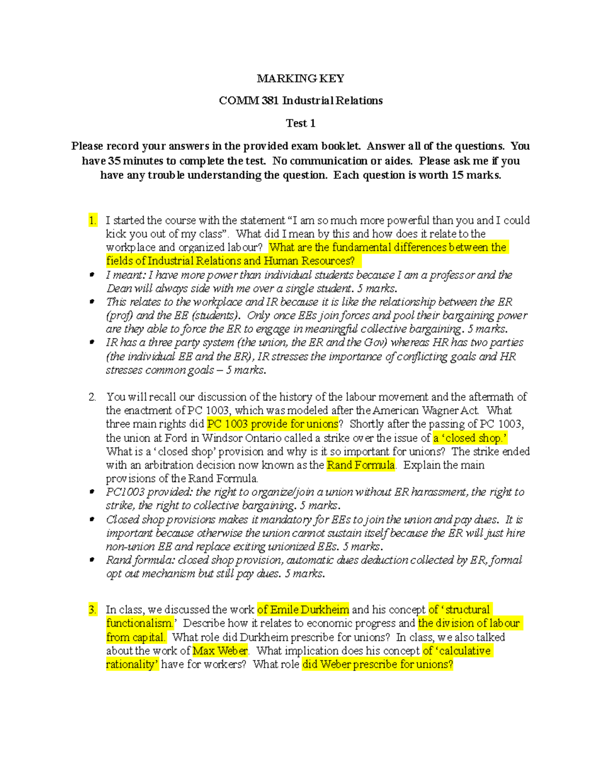 Test 1 13 October 2018, questions and answers - MARKING KEY COMM 381 ...