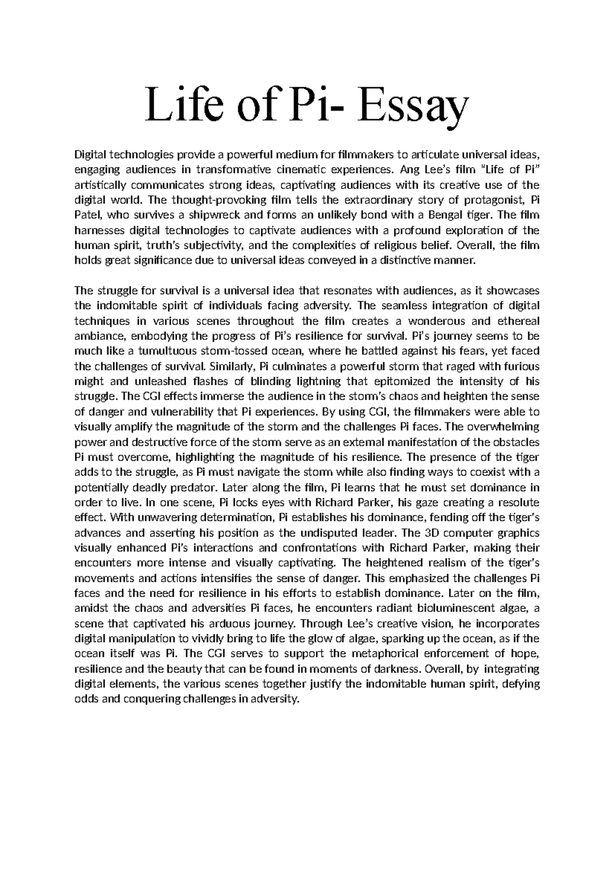 Life of Pi - english std prelim - Life of Pi- Essay Digital ...