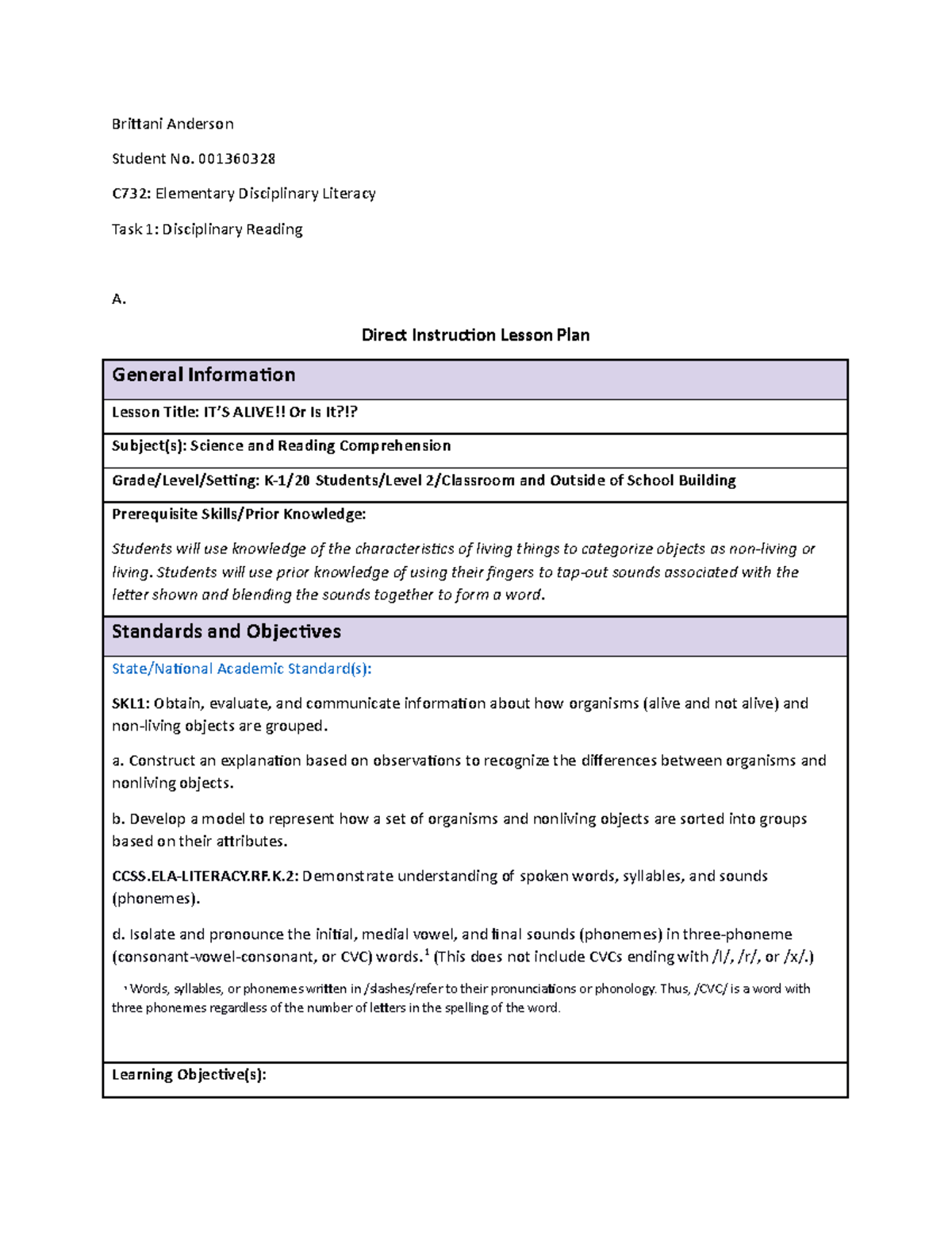 C732 Disciplinary Literacy Task 1 - Brittani Anderson Student No ...