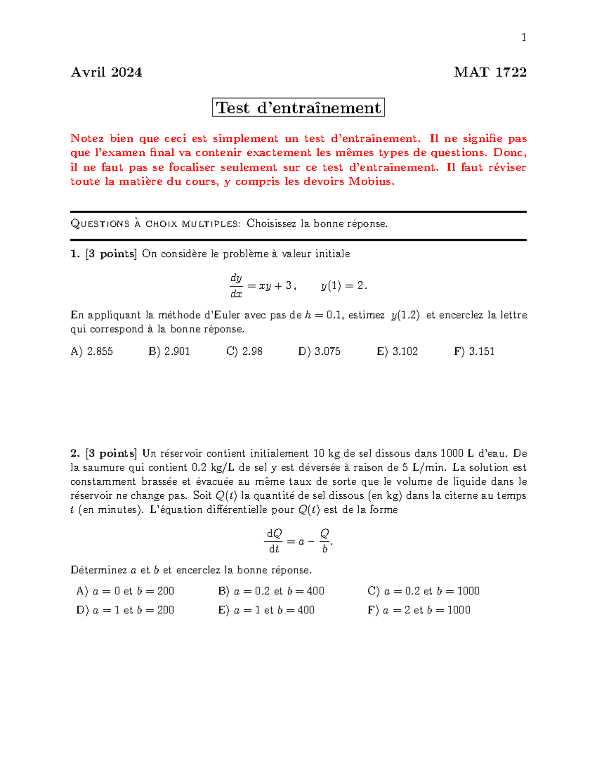 MAT1722 B Pratique Final - Avril 2024 MAT 1722 Test d’entraˆınement ...