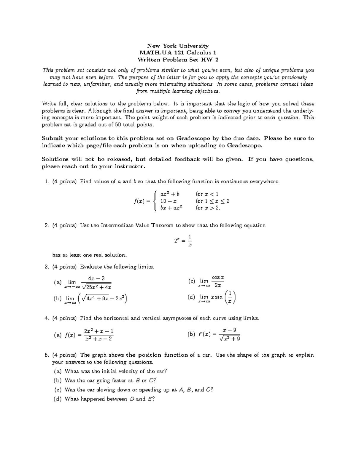 HW2 - practice hw - New York University MATH 121 Calculus 1 Written Problem Set HW 2 This ...