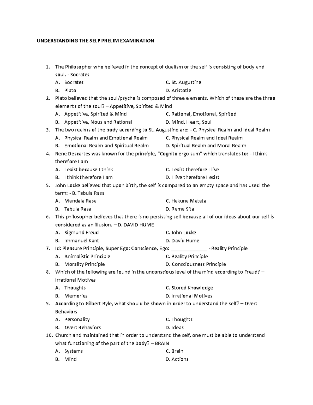 Understanding THE SELF Prelim Examination - UNDERSTANDING THE SELF ...