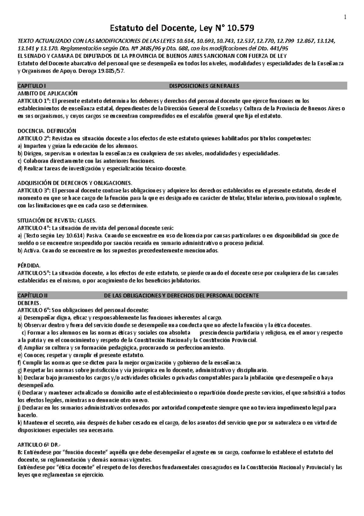 Estatuto docente bs. as. resumen Ley10579 - Estatuto del Docente, Ley N ...
