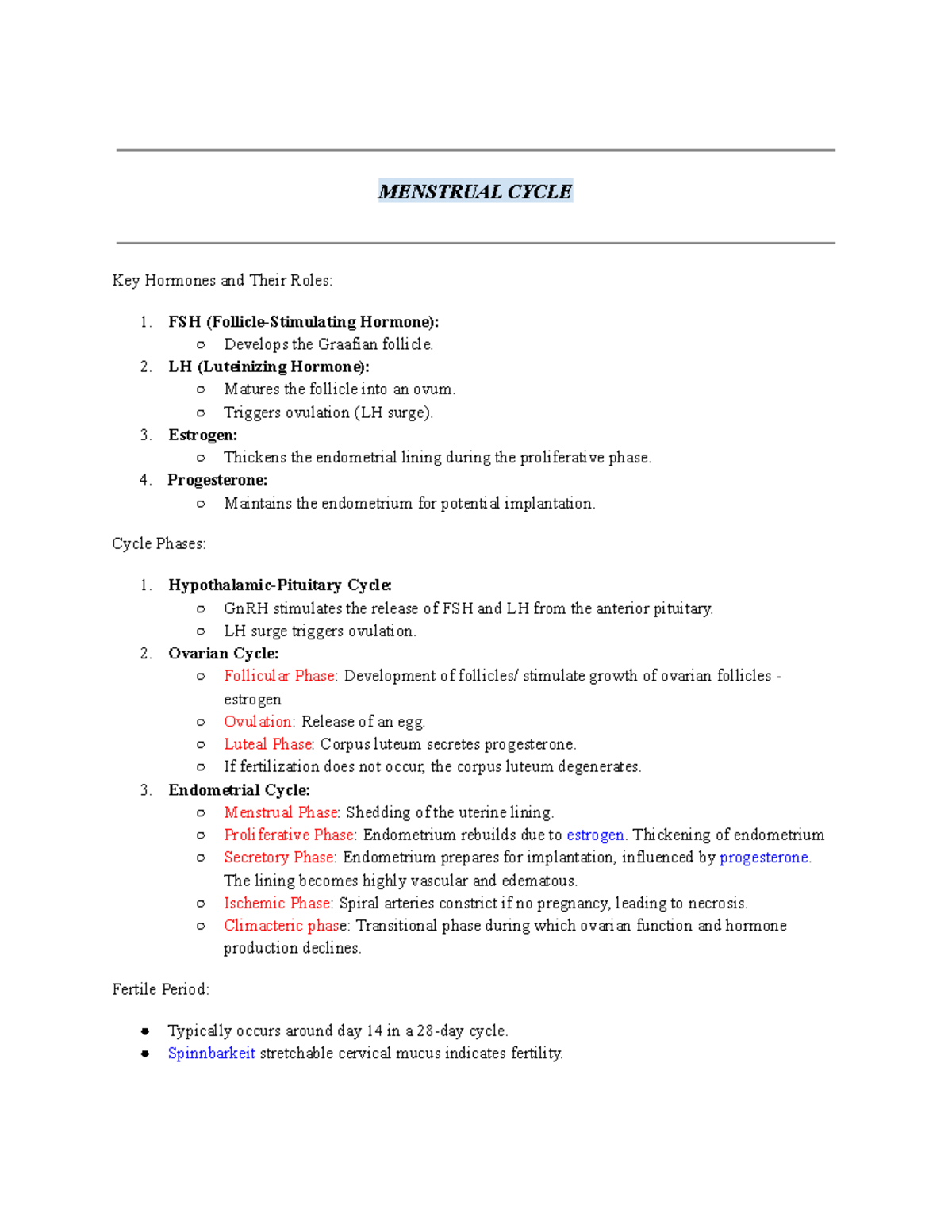 Test 4 Study Guide - MENSTRUAL CYCLE Key Hormones and Their Roles: 1 ...