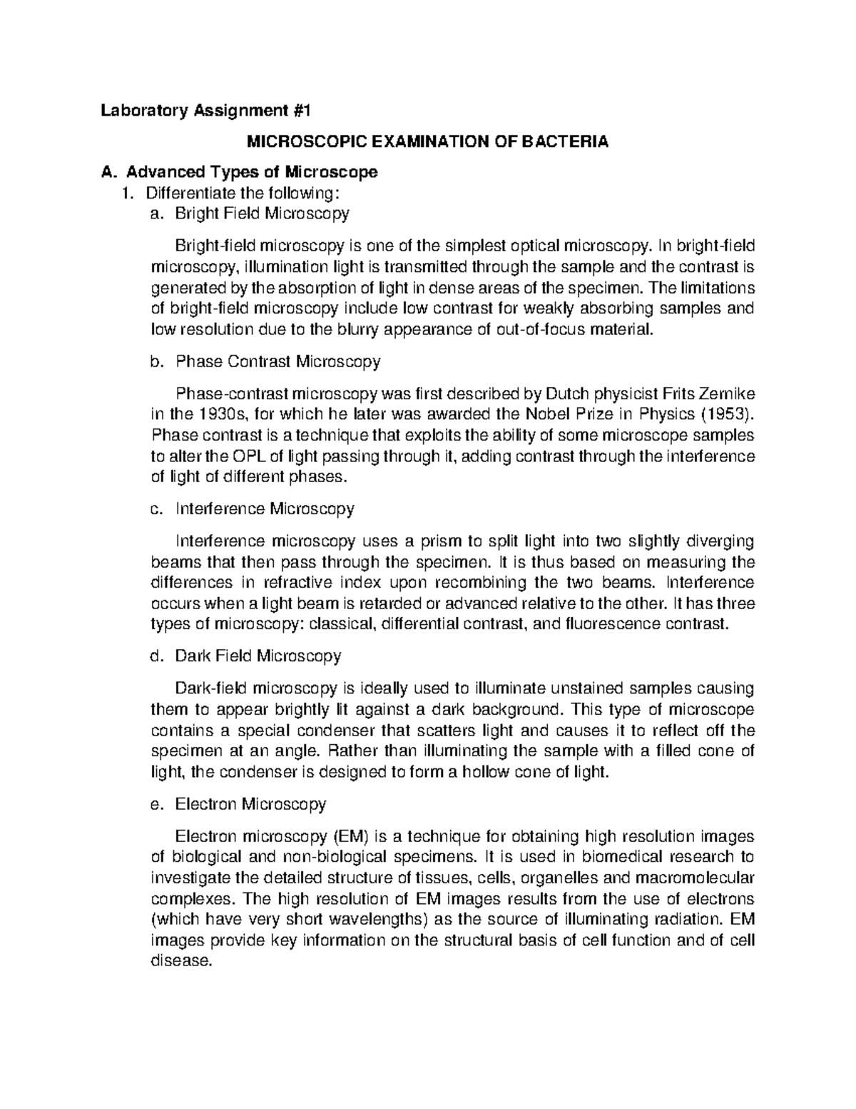 Laboratory Assignment (MC3) - Laboratory Assignment # MICROSCOPIC EXAMINATION OF BACTERIA A ...