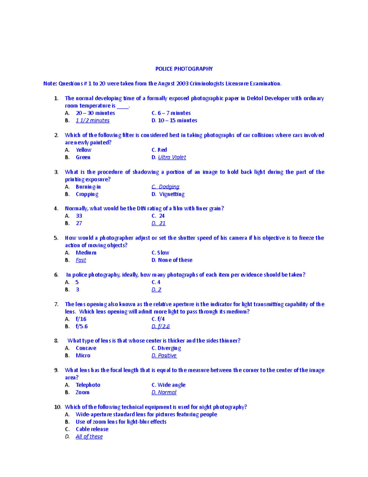 Forensic Photography Final Exam Covid Key - POLICE PHOTOGRAPHY Note ...