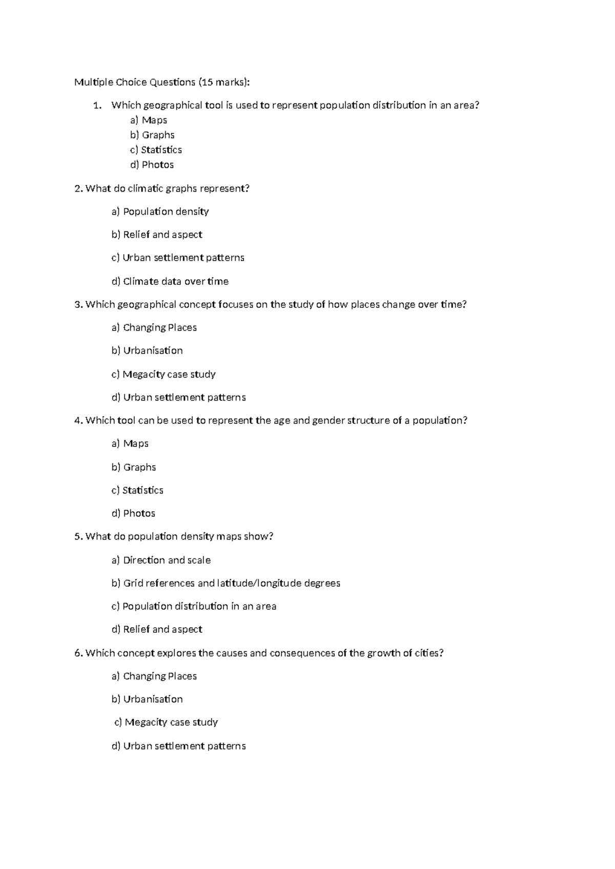 Geography test Prac Questions - Multiple Choice Questions (15 marks): 1 ...