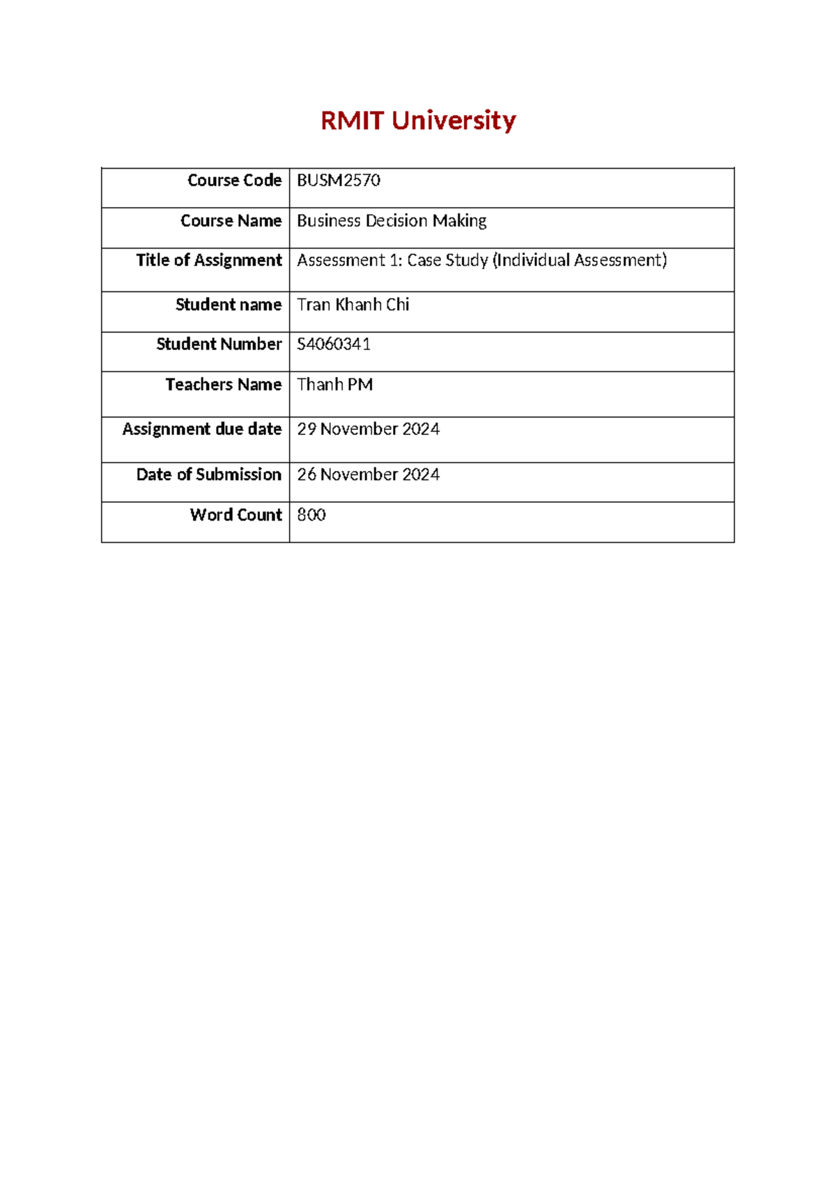 Assignment 1 BUSM2570 HNG03 Tran Khanh Chi - RMIT University Course ...