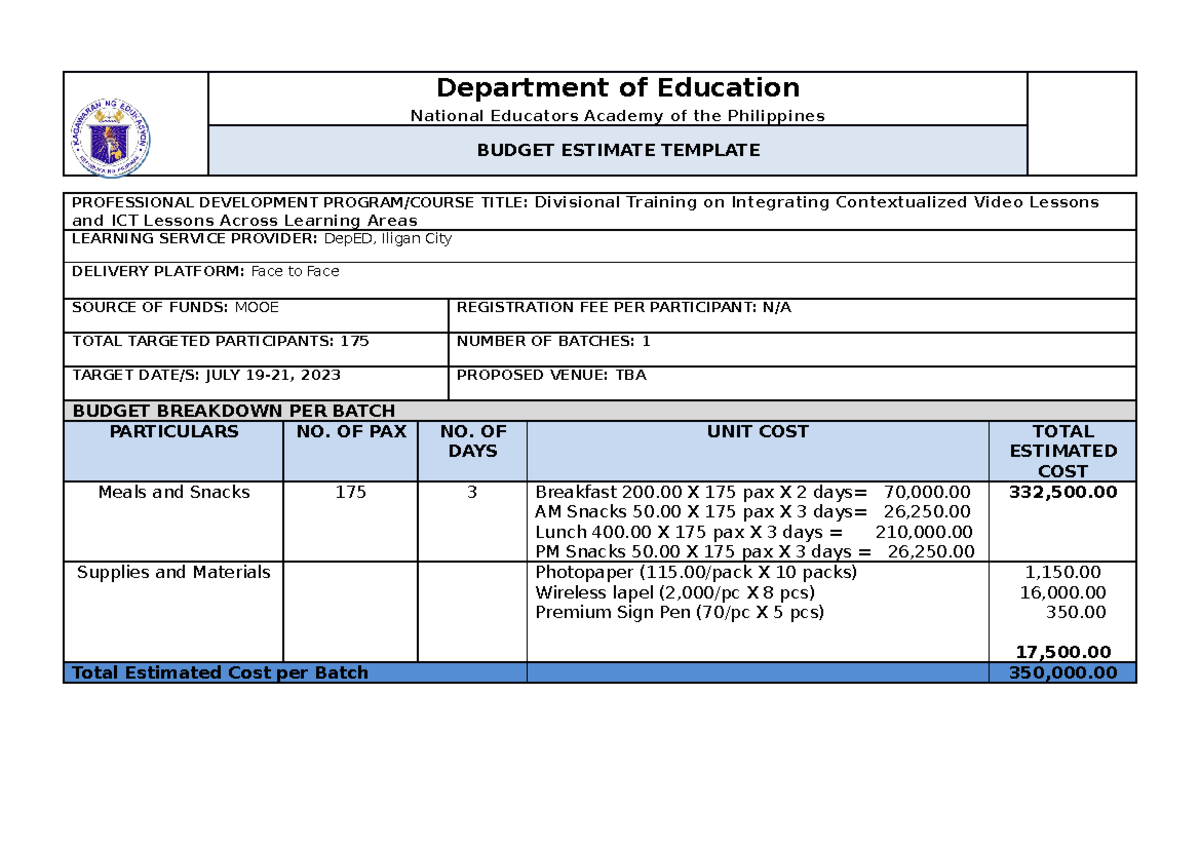 Final Budget Matrix Video Lessons 2023 - Department of Education ...