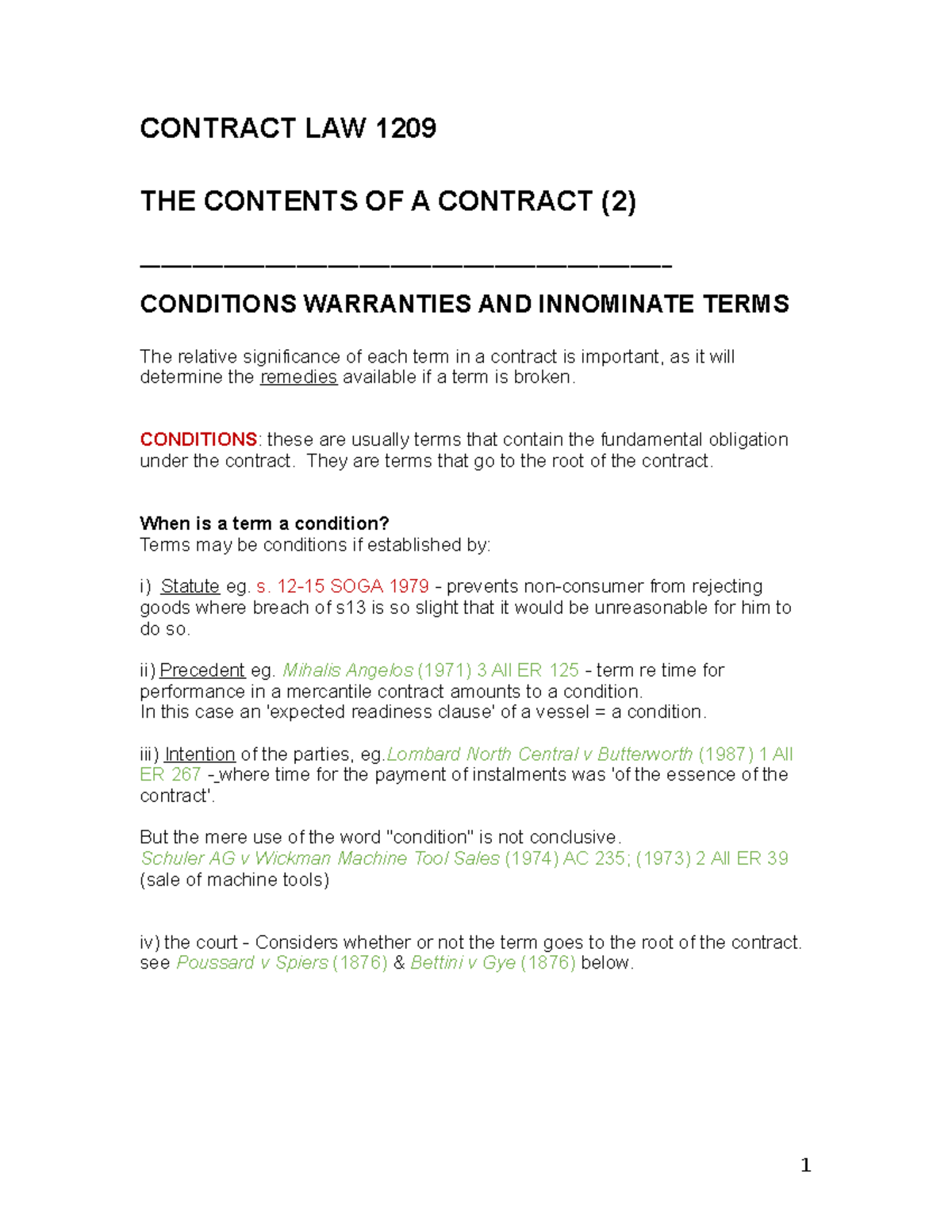 7- Types of terms - CONTRACT LAW 1209 THE CONTENTS OF A CONTRACT (2 ...