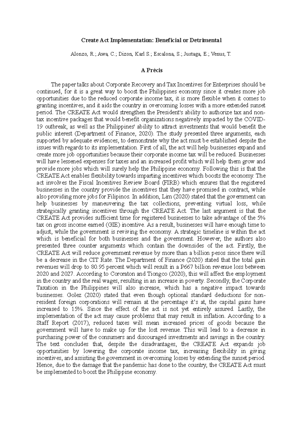 Draft ( Edited) - Create Act Implementation: Beneficial or Detrimental ...