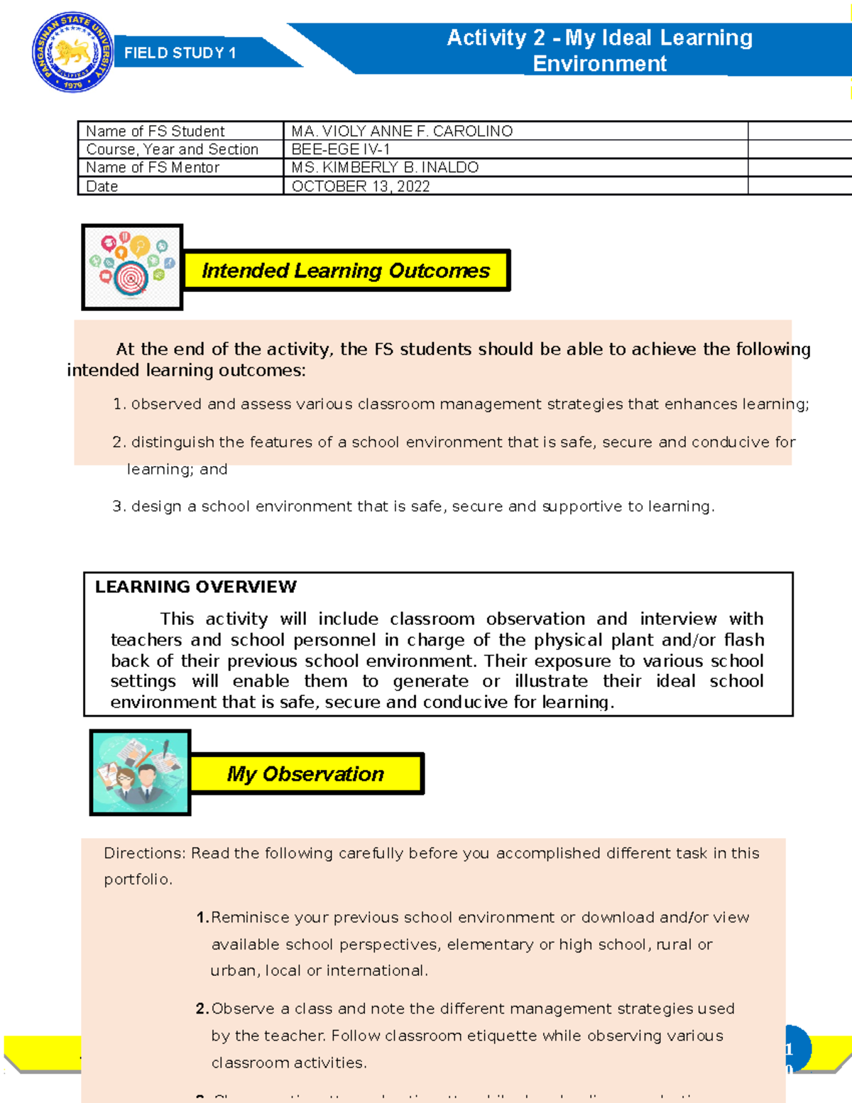 Activity-2 - Good - ####### FIELD STUDY 1 E- PORTFOLIO FOR FIELD STUDY ...
