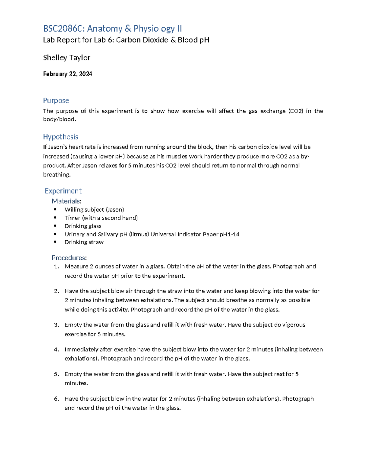 BSC2086C Lab Report 6 - BSC2086C: Anatomy & Physiology II Lab Report ...