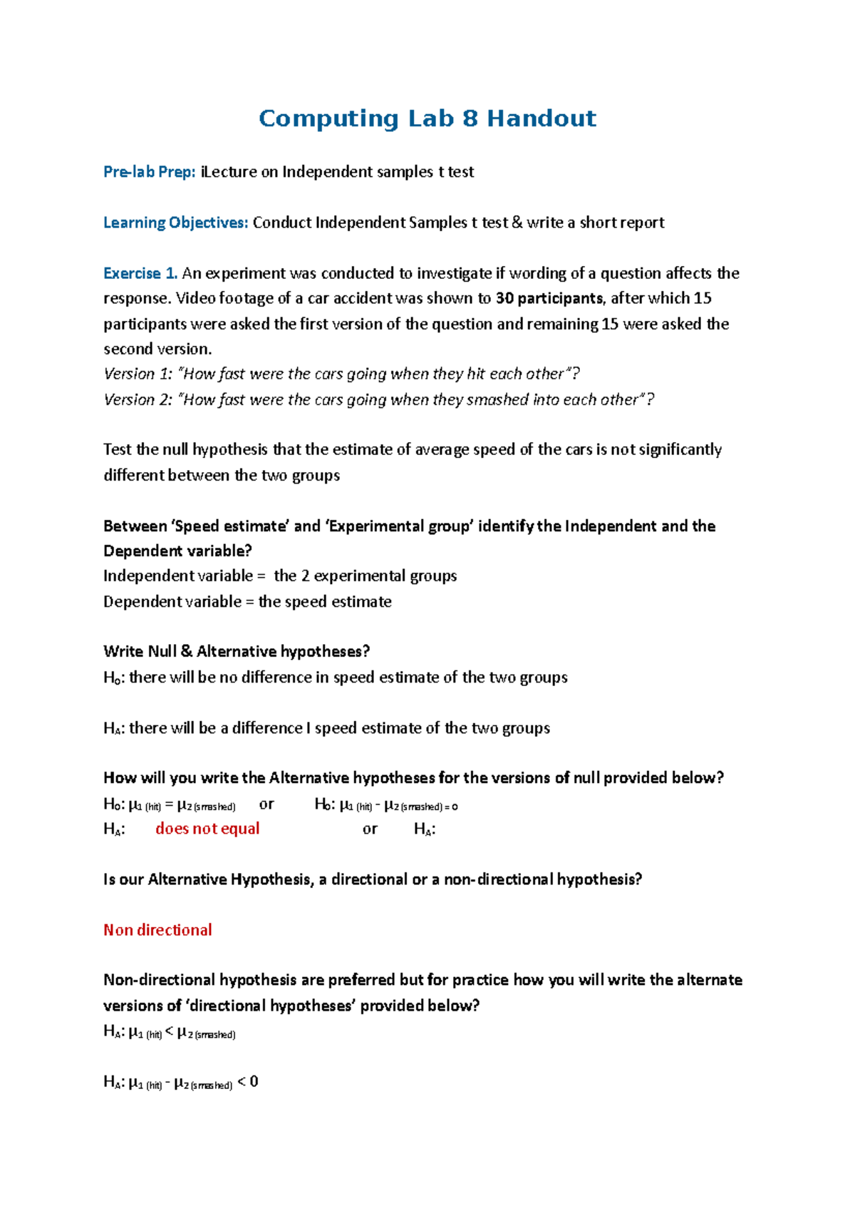 Computing Lab 8 Handout(2) - Computing Lab 8 Handout Pre-lab Prep: iLecture on Independent ...