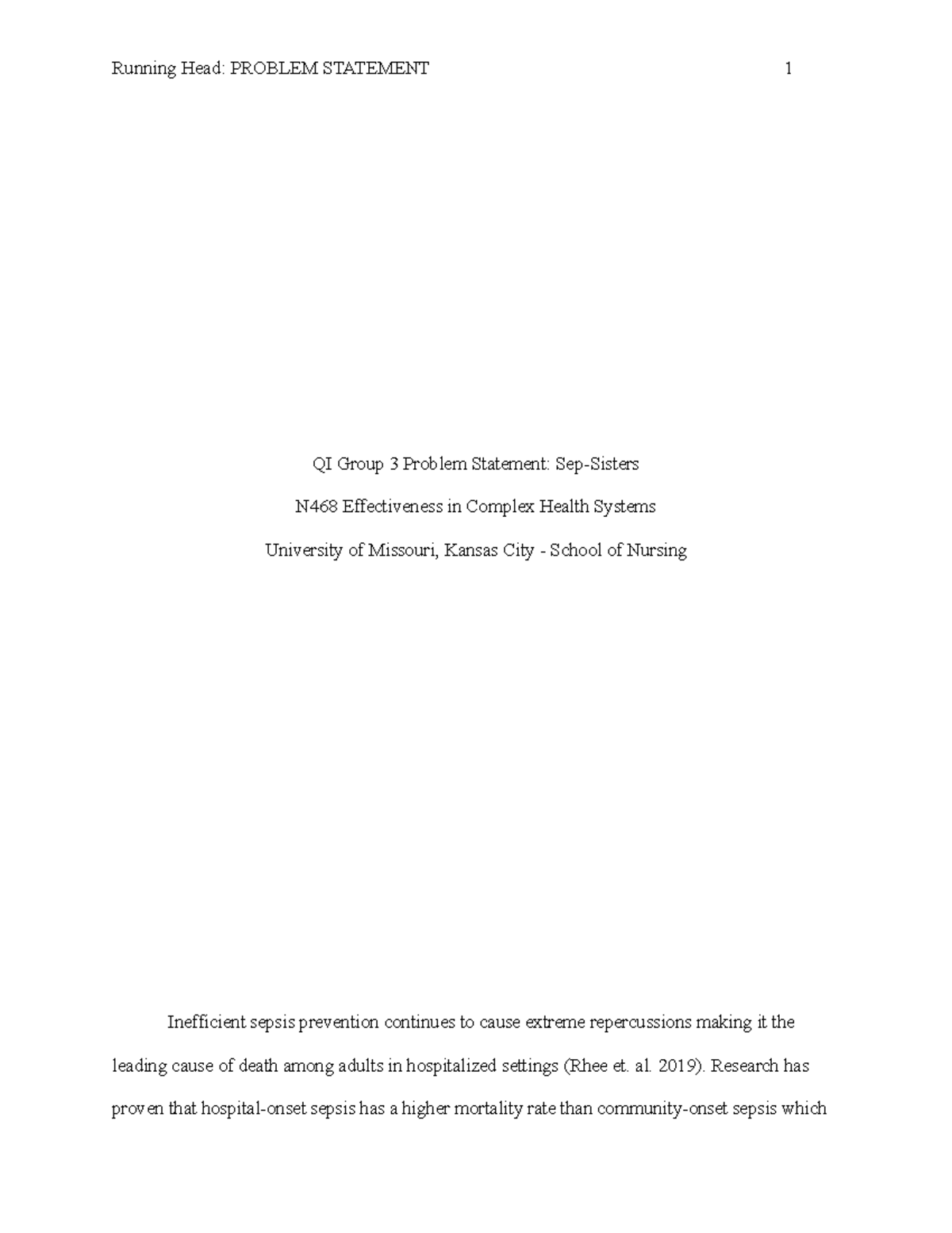 QI Problem Statement - Sepsis Prevention - Running Head: PROBLEM ...